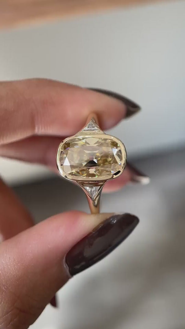 Elongated Champagne Cushion Moissanite Three Stone with Triangle sides ...